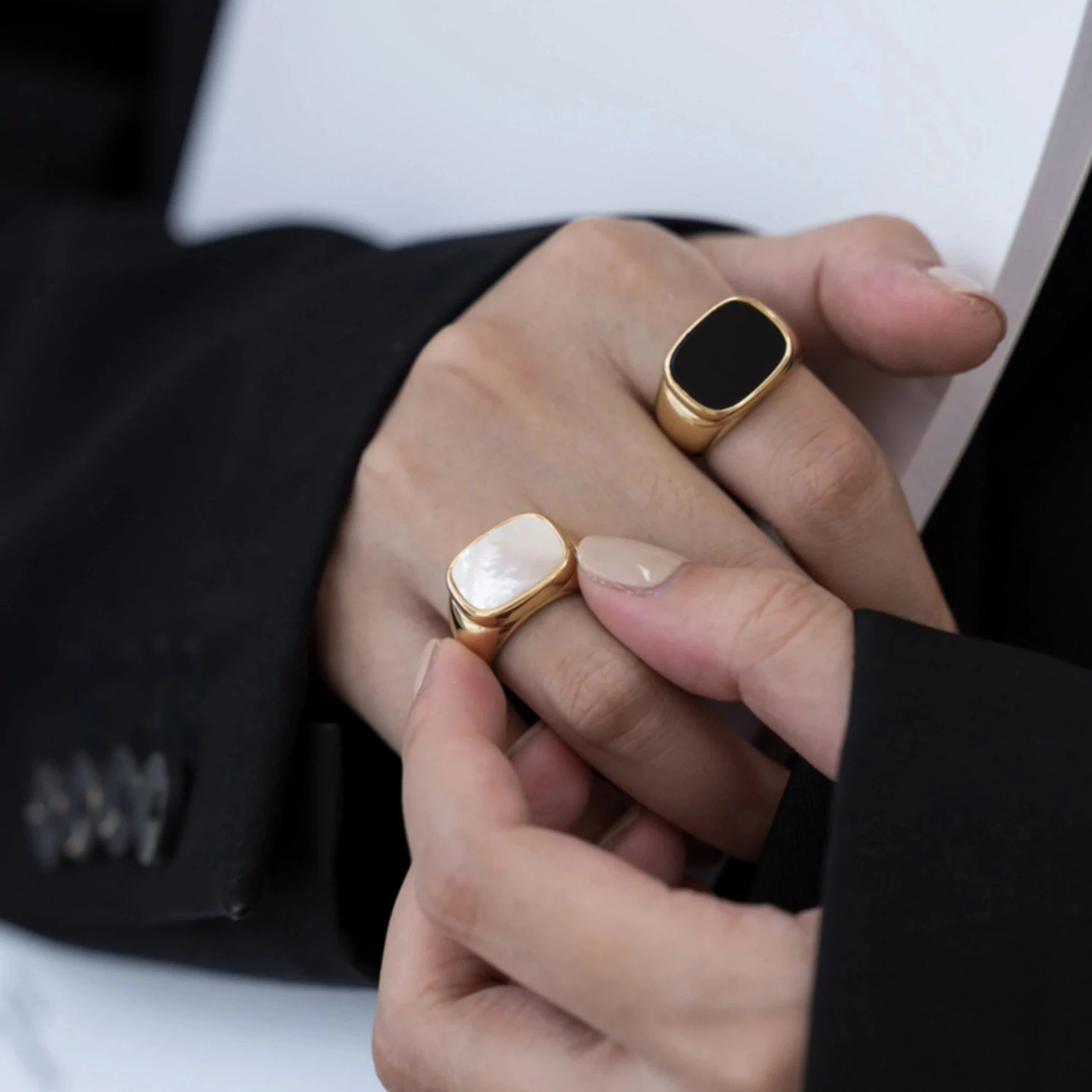 18K Gold Plated Mother-of-Pearl Ring, Chunky Black Pax Ring – The ...